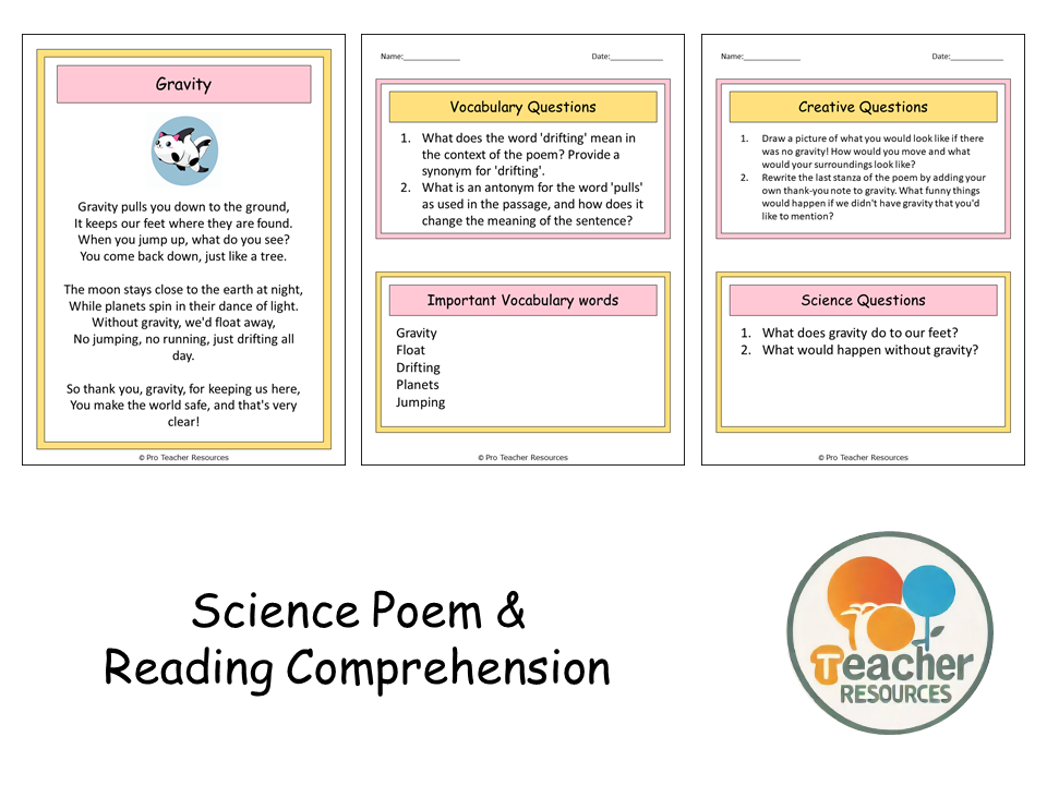 Gravity Poem Reading Comprehension Questions Worksheet | Teaching Resources