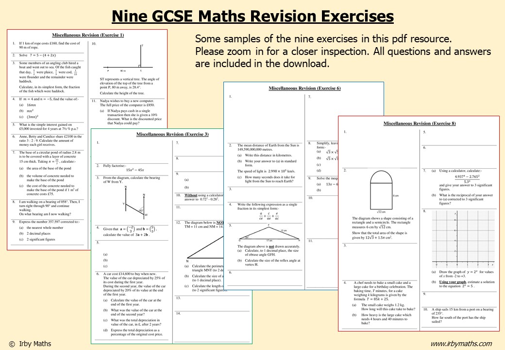 Nine GCSE Maths Revision Exercises | Teaching Resources