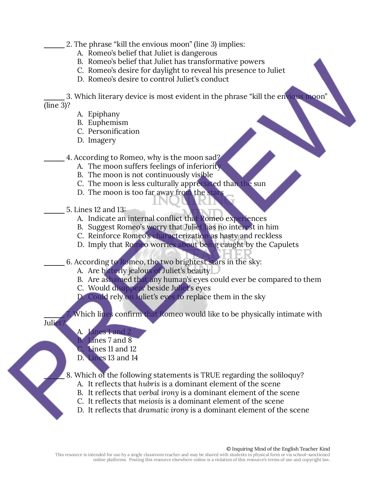 Romeo and Juliet Act 2 Scene 2 Close Reading Worksheet | Teaching Resources