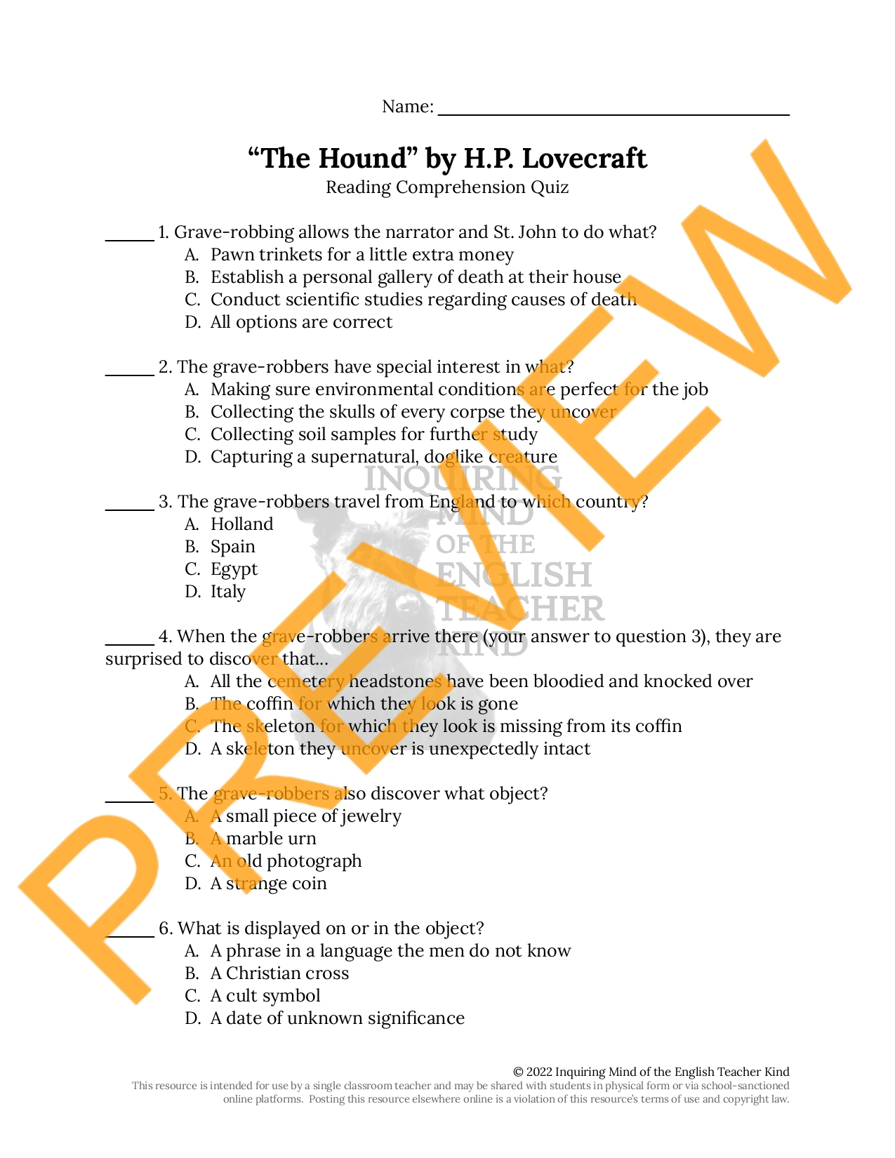 “The Hound” by H.P. Lovecraft Quiz and Answer Key | Teaching Resources