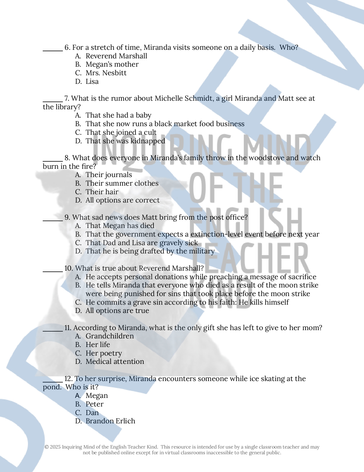 Life As We Knew It Chapters 11 through 14 Quiz and Answer Key ...