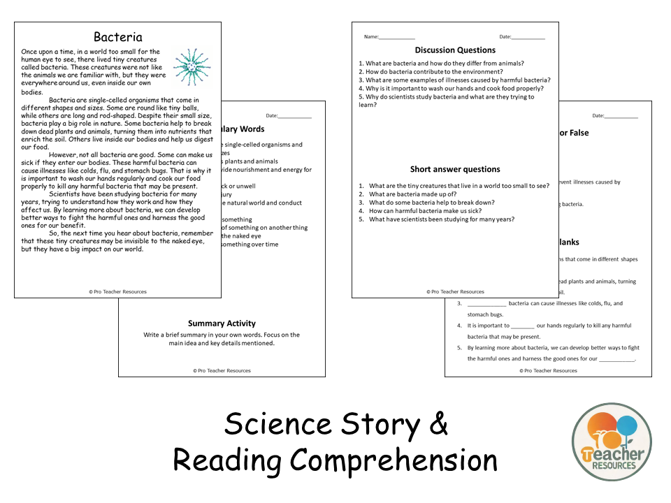 Bacteria Reading Science Story Comprehension Questions Worksheet ...