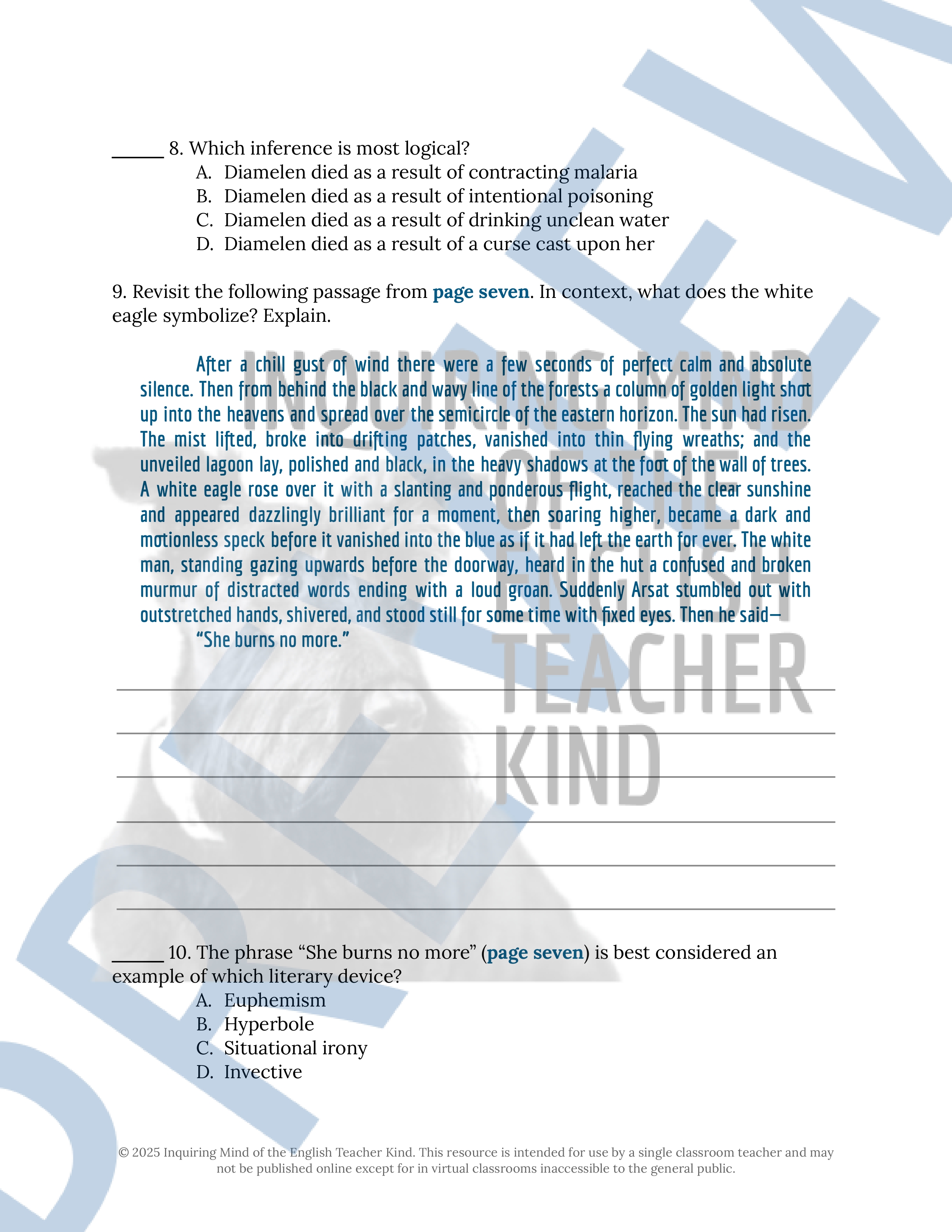 "The Lagoon" by Joseph Conrad Literary Analysis Worksheet | Close ...