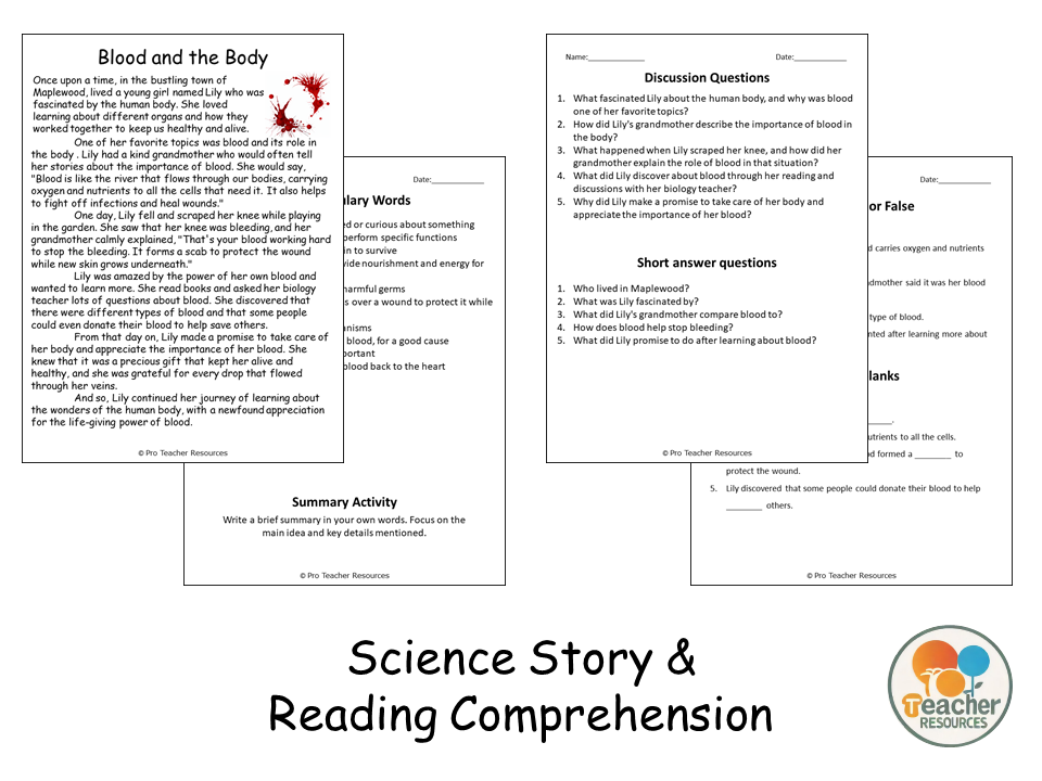 Blood and the Body Reading Science Story Comprehension Questions ...
