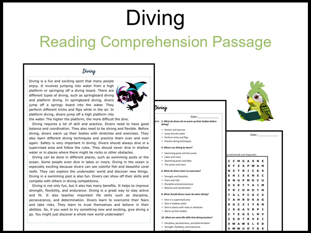Diving Reading Comprehension and Word Search | Teaching Resources