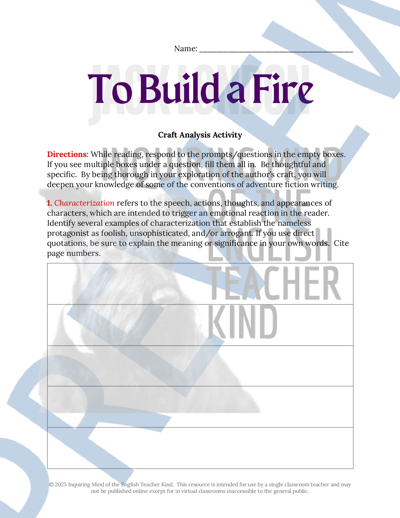 "To Build a Fire" by Jack London Literary Craft Analysis Activity ...