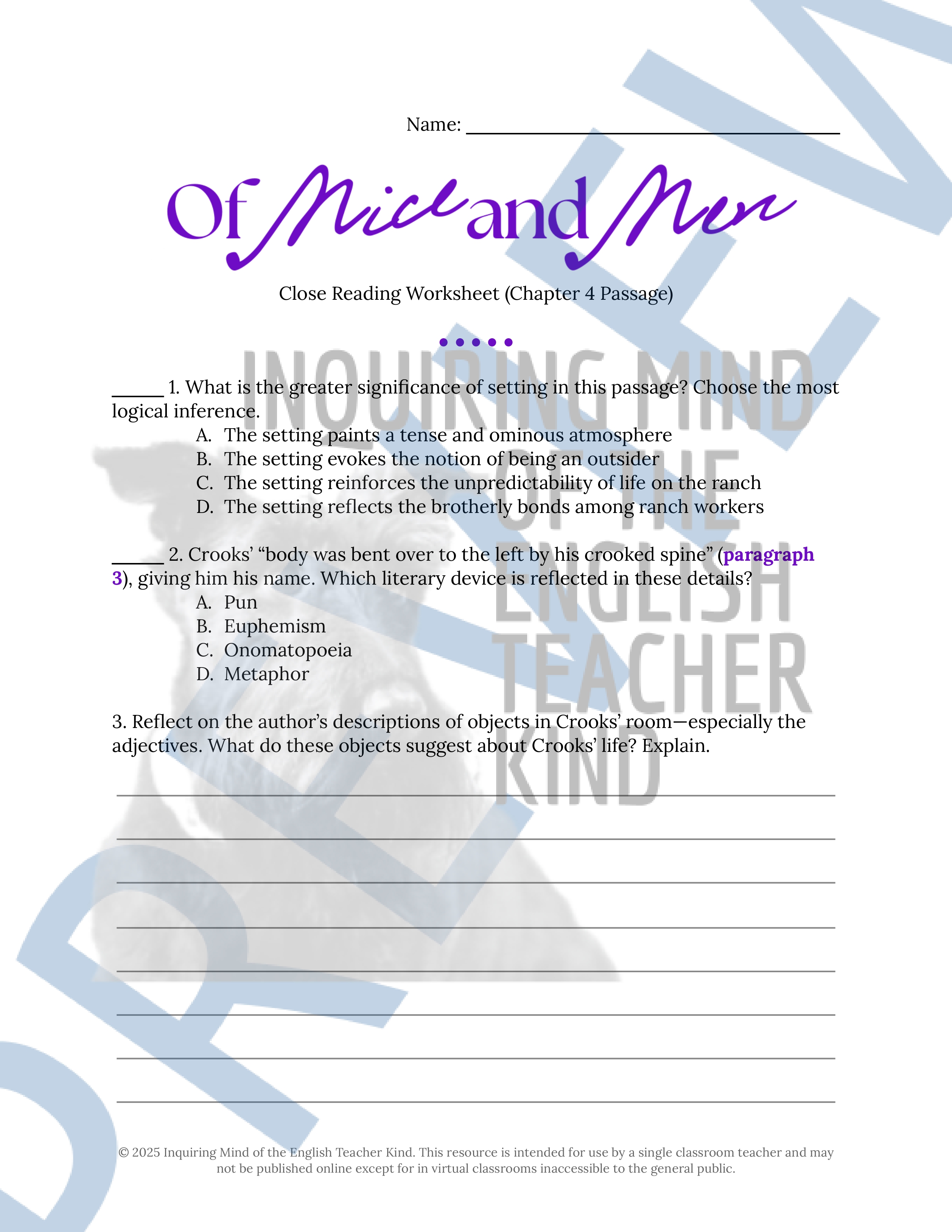 Of Mice and Men Chapter 4 Novel Analysis Worksheet | Close Reading ...