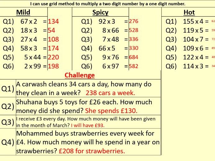 2 Digit Multiplied By 1 Digit Using Grid Method Teaching Resources