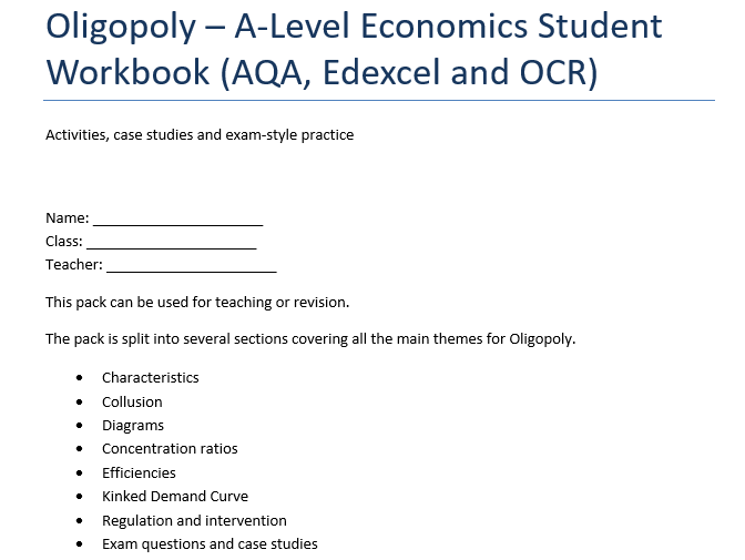 Oligopoly – A-Level Economics Workbook | Teaching Resources