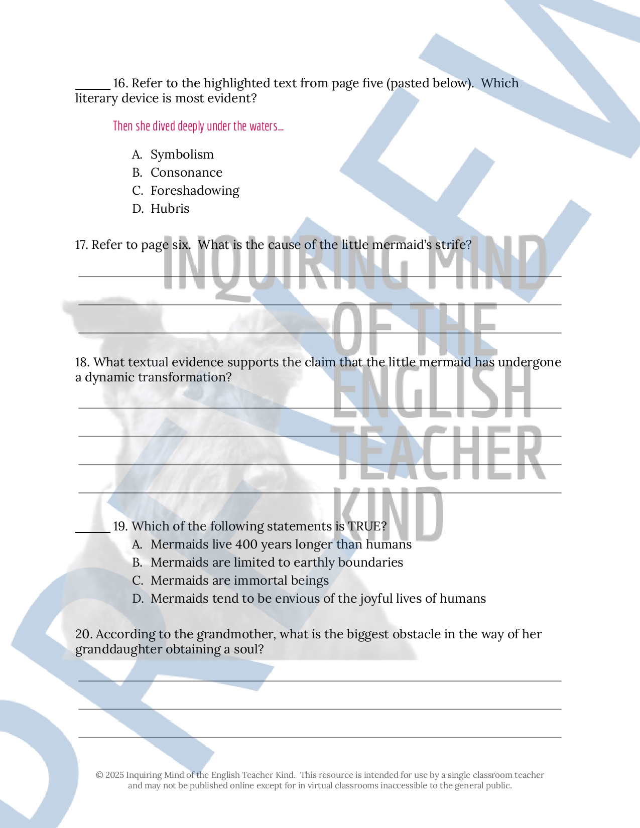 "The Little Mermaid" by Hans Christian Andersen Close Reading Worksheet ...
