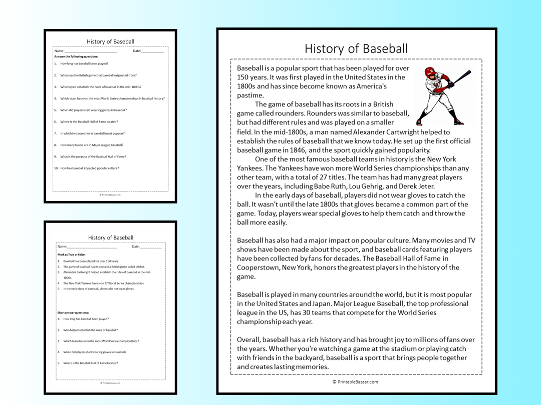 History of Baseball Reading Comprehension Passage Printable Worksheet ...