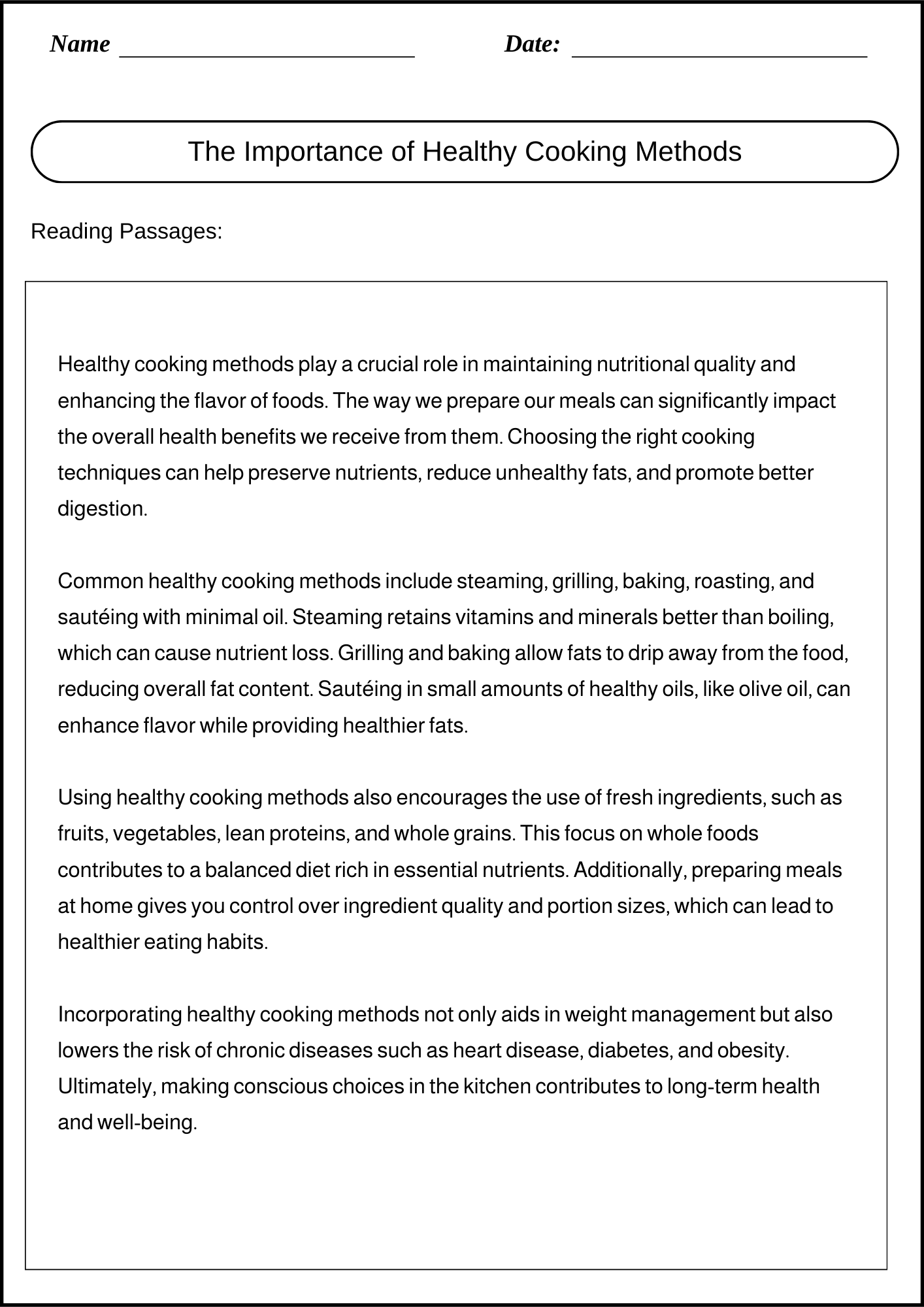 The Importance of Healthy Cooking MethodsReading Comprehension Passages ...