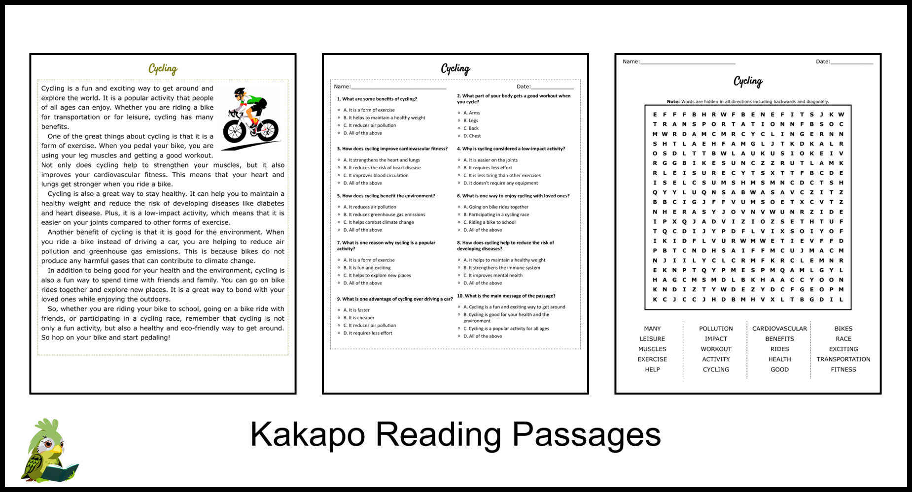 Cycling Reading Comprehension and Word Search | Teaching Resources