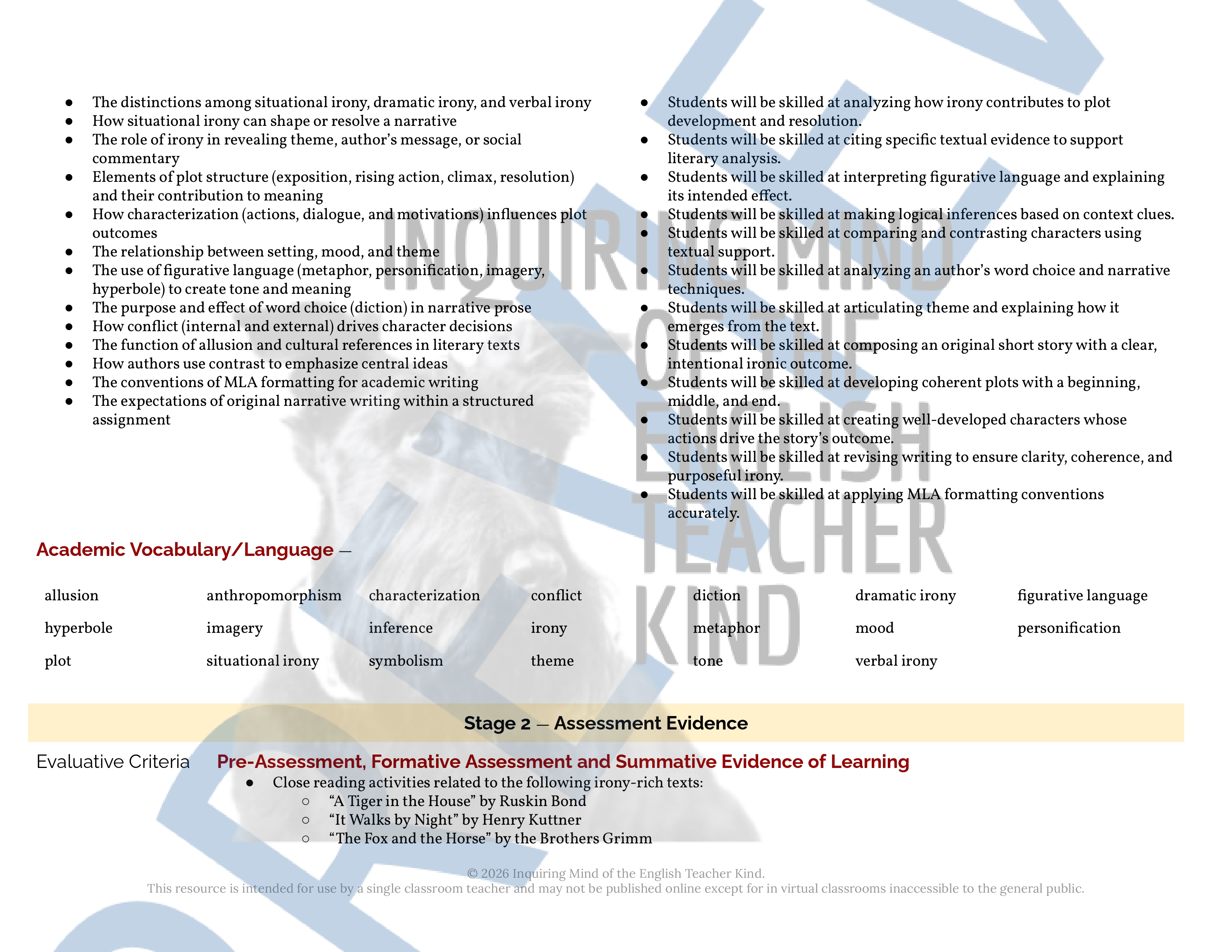 High School Creative Writing Unit Plan and Story Project | Ironic ...
