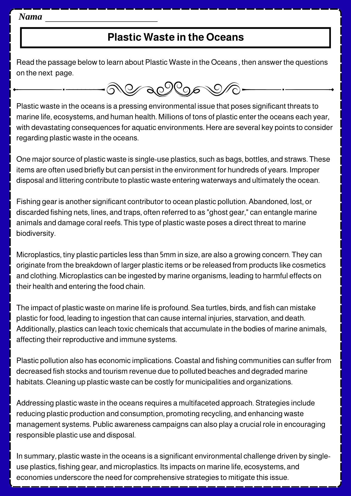 Plastic Waste in the Oceans Reading Comprehension Passages & Questions ...