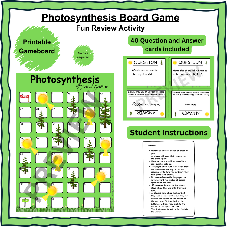 PHOTOSYNTHESIS REVIEW ACTIVITY BOARD GAME *PRINTABLE* | Teaching Resources