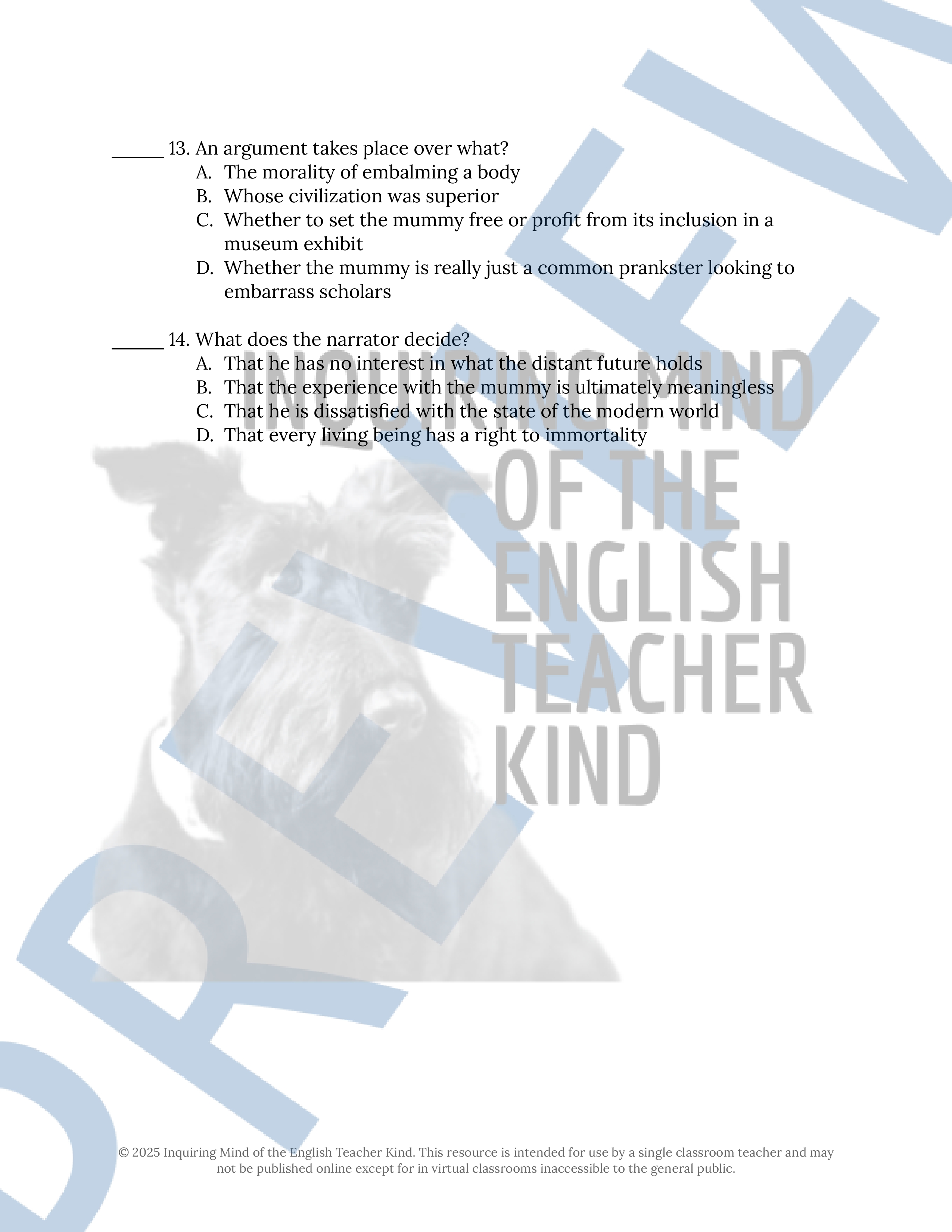 "Some Words with a Mummy" by Edgar Allan Poe Quiz and Answer Key ...