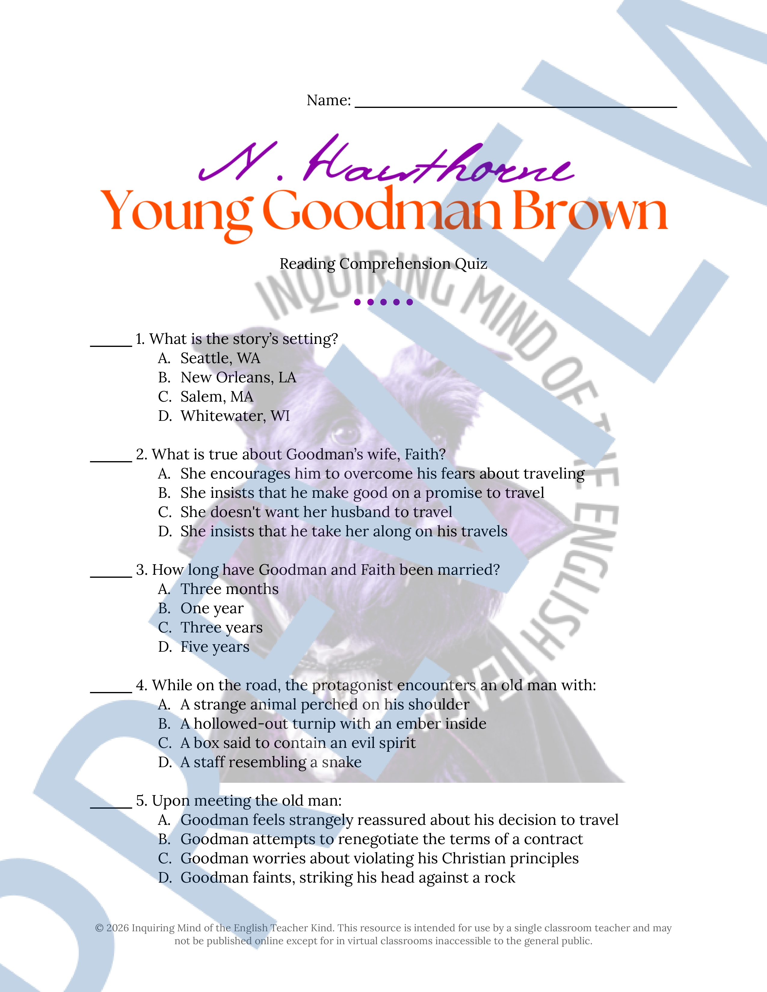"Young Goodman Brown" by Nathaniel Hawthorne Quiz and Answer Key ...