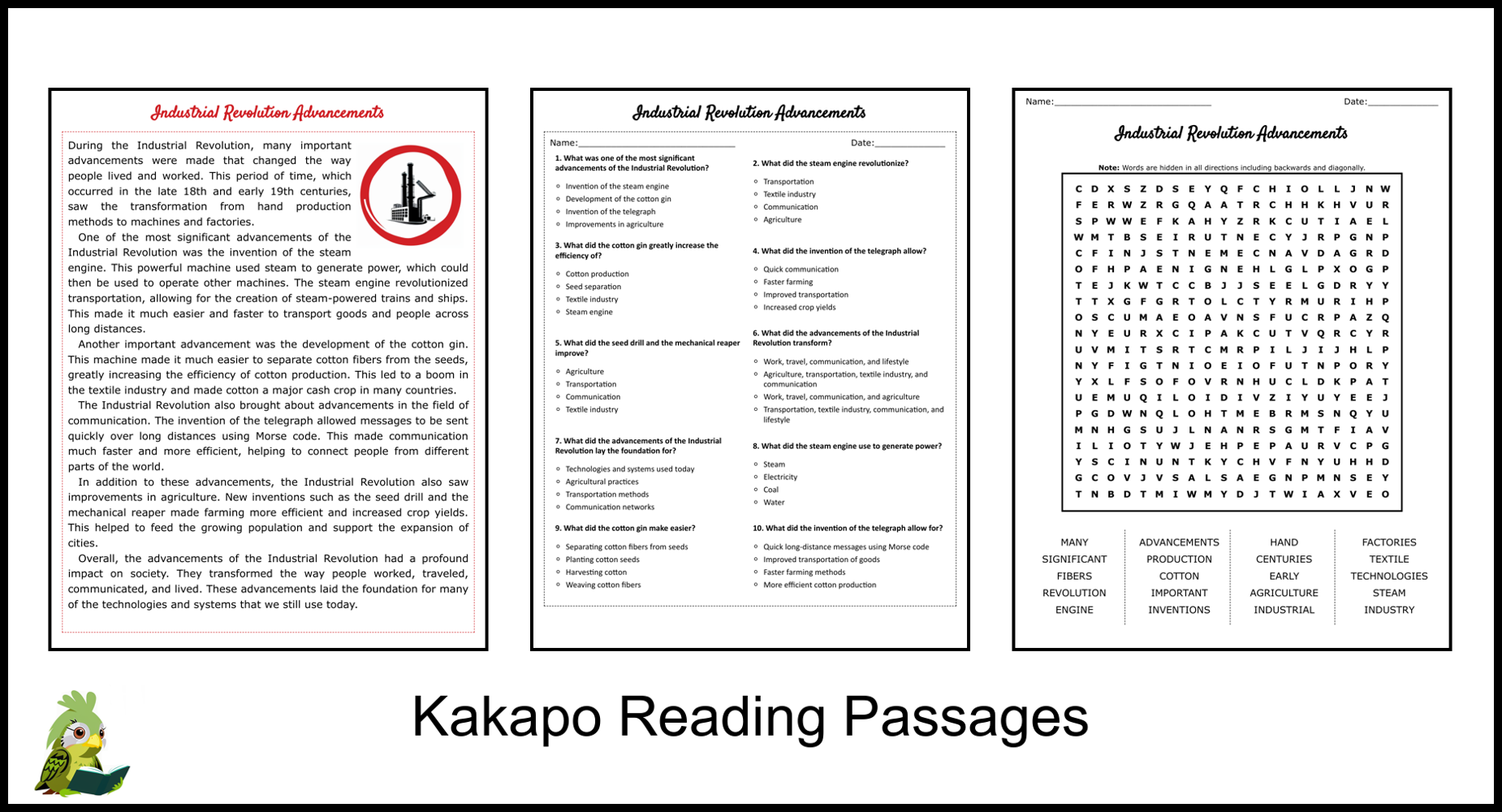 Industrial Revolution Advancements Reading Comprehension and Word ...