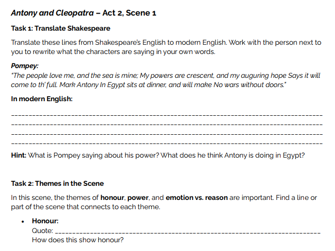 Antony and Cleopatra Act 2 Scene 1 Analysis Worksheets | Teaching Resources