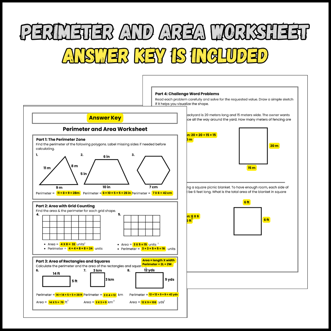 Perimeter and Area Quiz Geometry Worksheets / Measurement | Sub Plan ...
