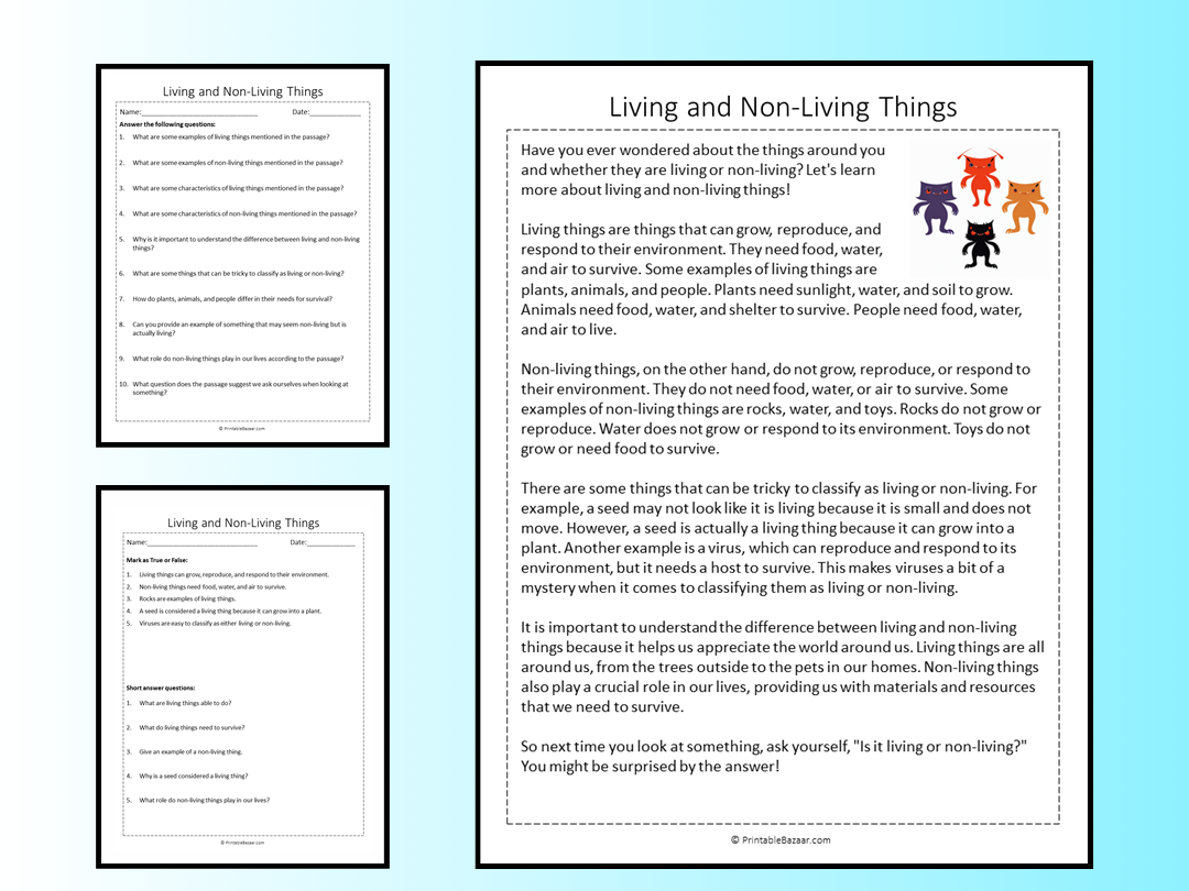 Living and Non-Living Things Reading Comprehension Passage Printable ...