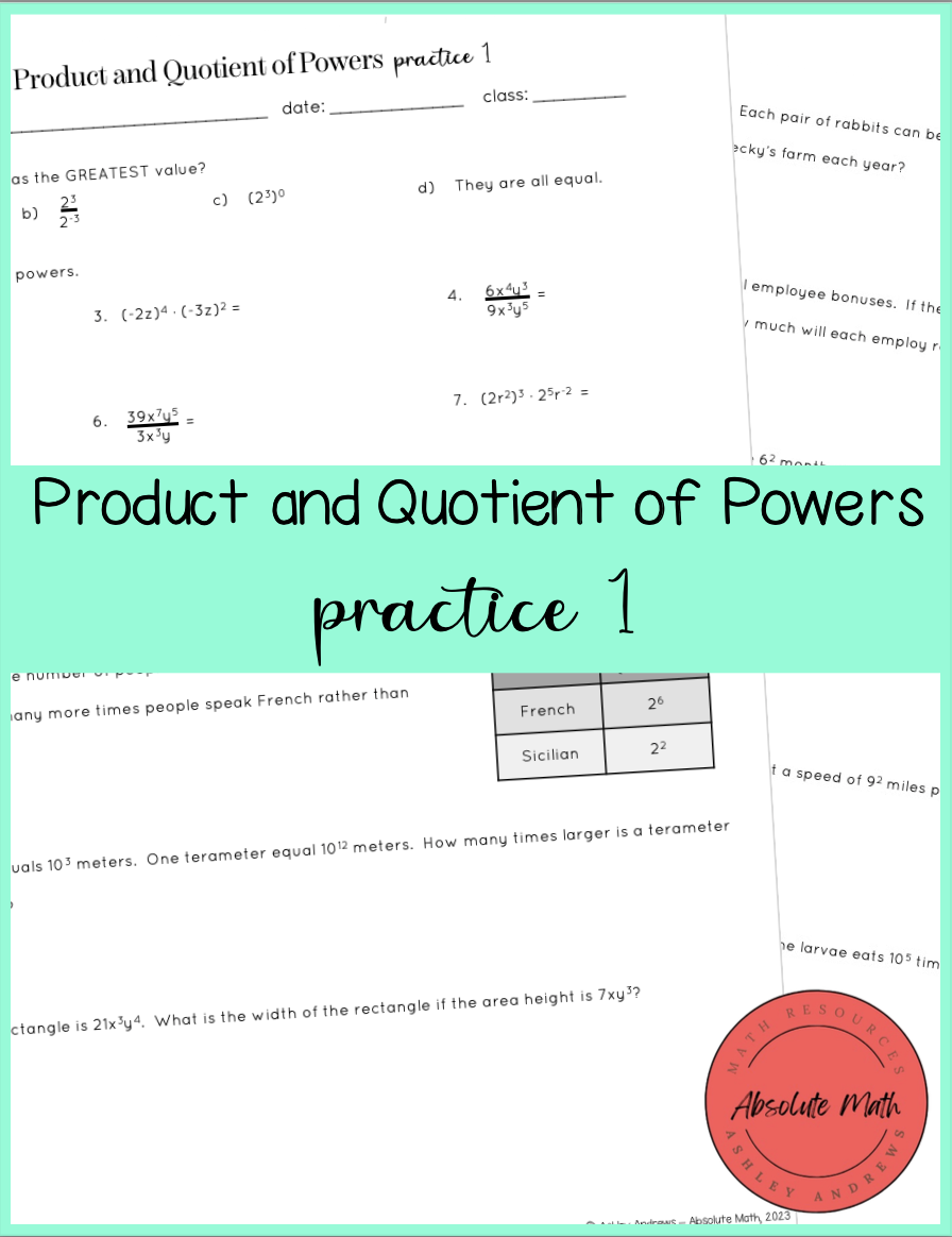 Product and Quotient of Powers Practice 1 | Teaching Resources