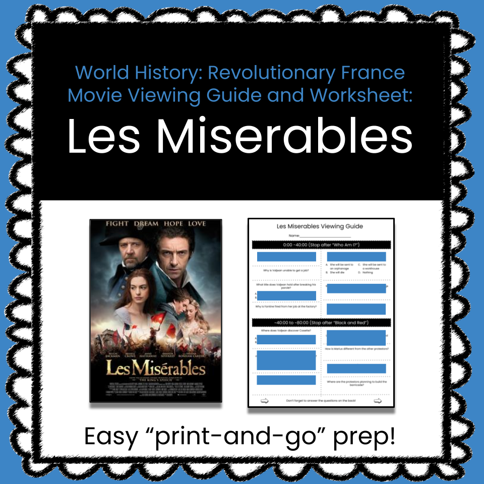 Les Miserables Movie Viewing Guide & Worksheets (French Revolution ...