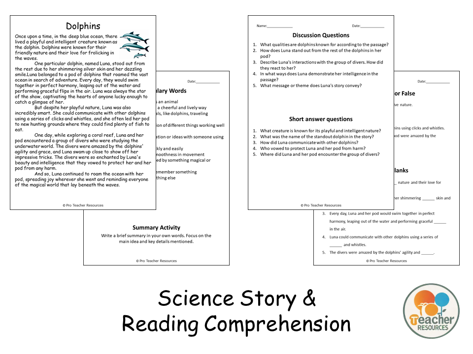 Dolphins Reading Science Story Comprehension Questions Worksheet ...