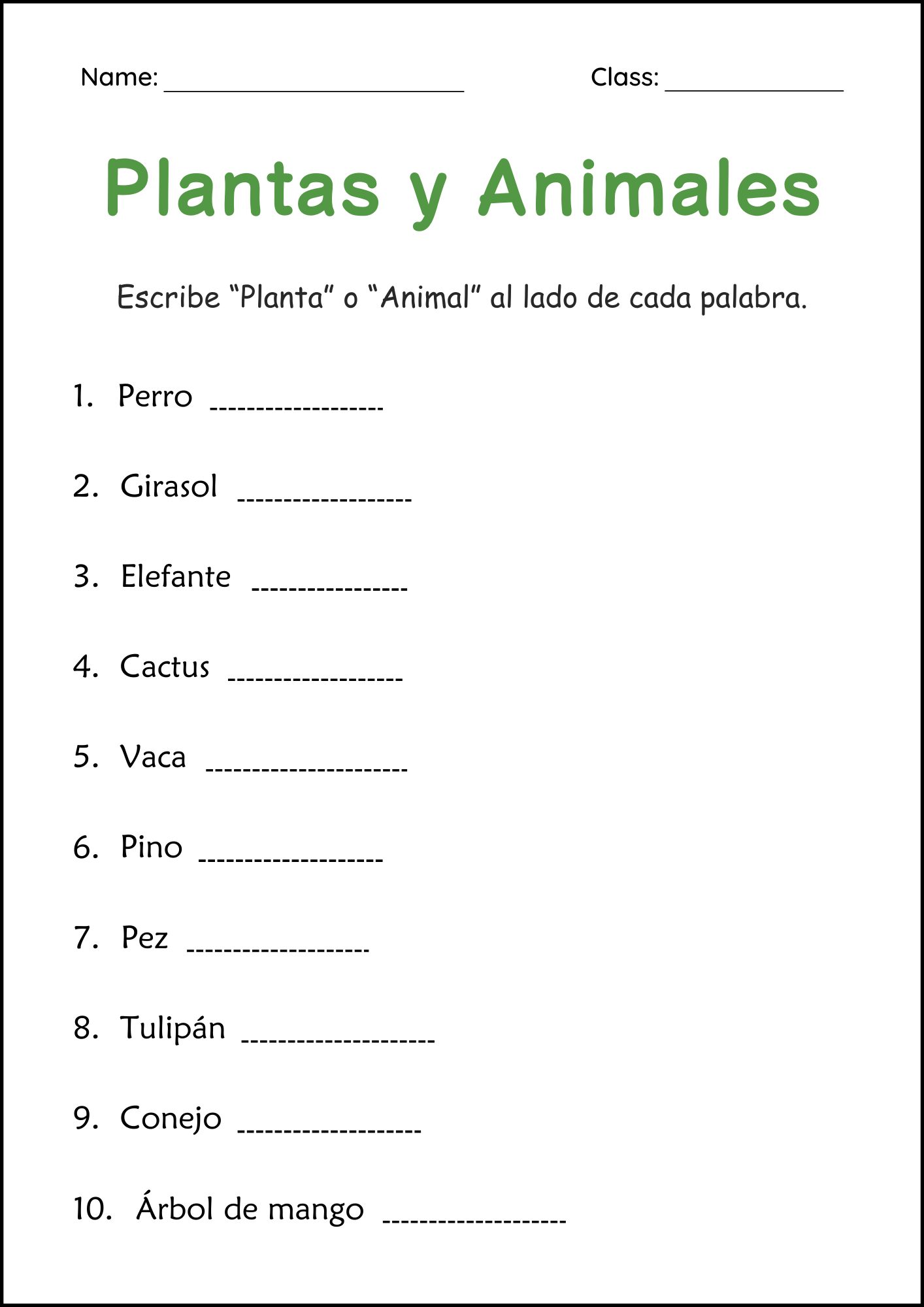 Plants and Animals Worksheet in Spanish - Hojas de Trabajo de Plantas y ...