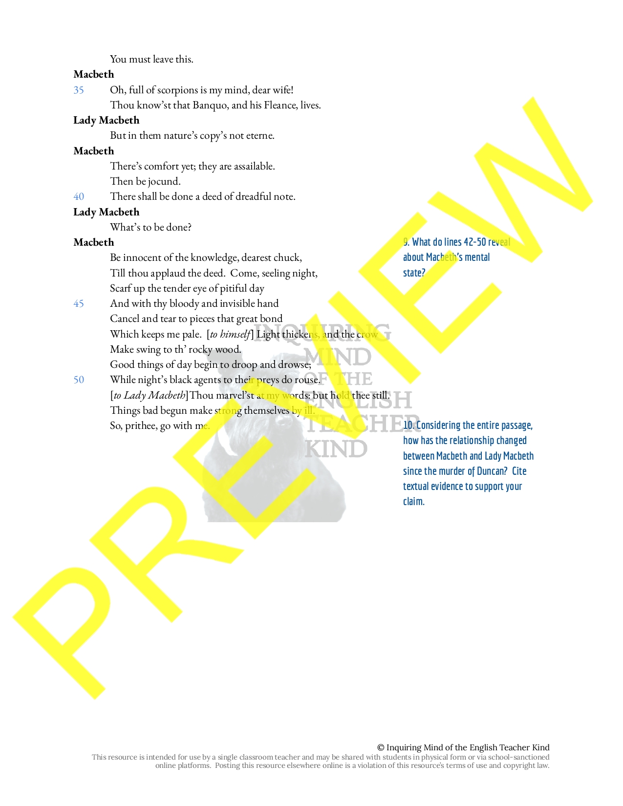 Macbeth Act 3 Scene 2 Close Reading Worksheet | Teaching Resources