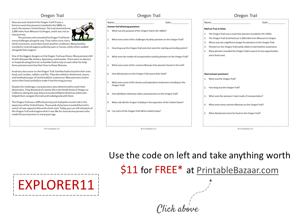 Oregon Trail Reading Comprehension Passage Printable Worksheet ...
