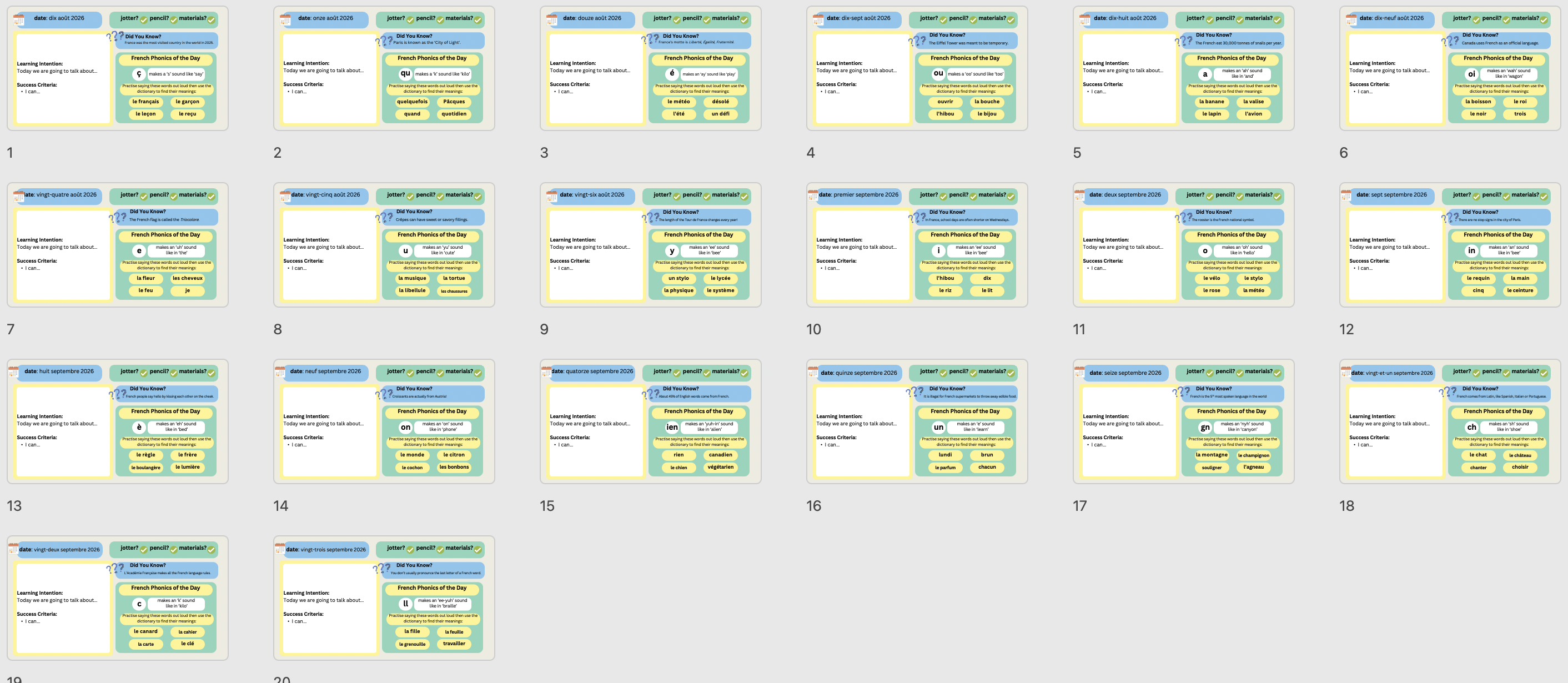 20 French Morning Starter Slides | Teacher Template | Teaching Resources