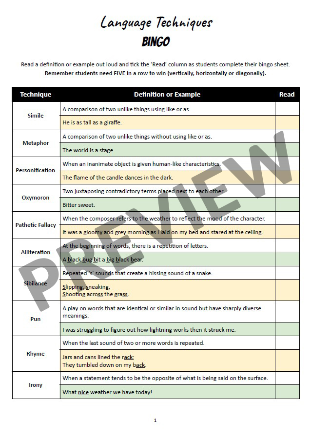 Figurative Language Techniques Bingo | Teaching Resources