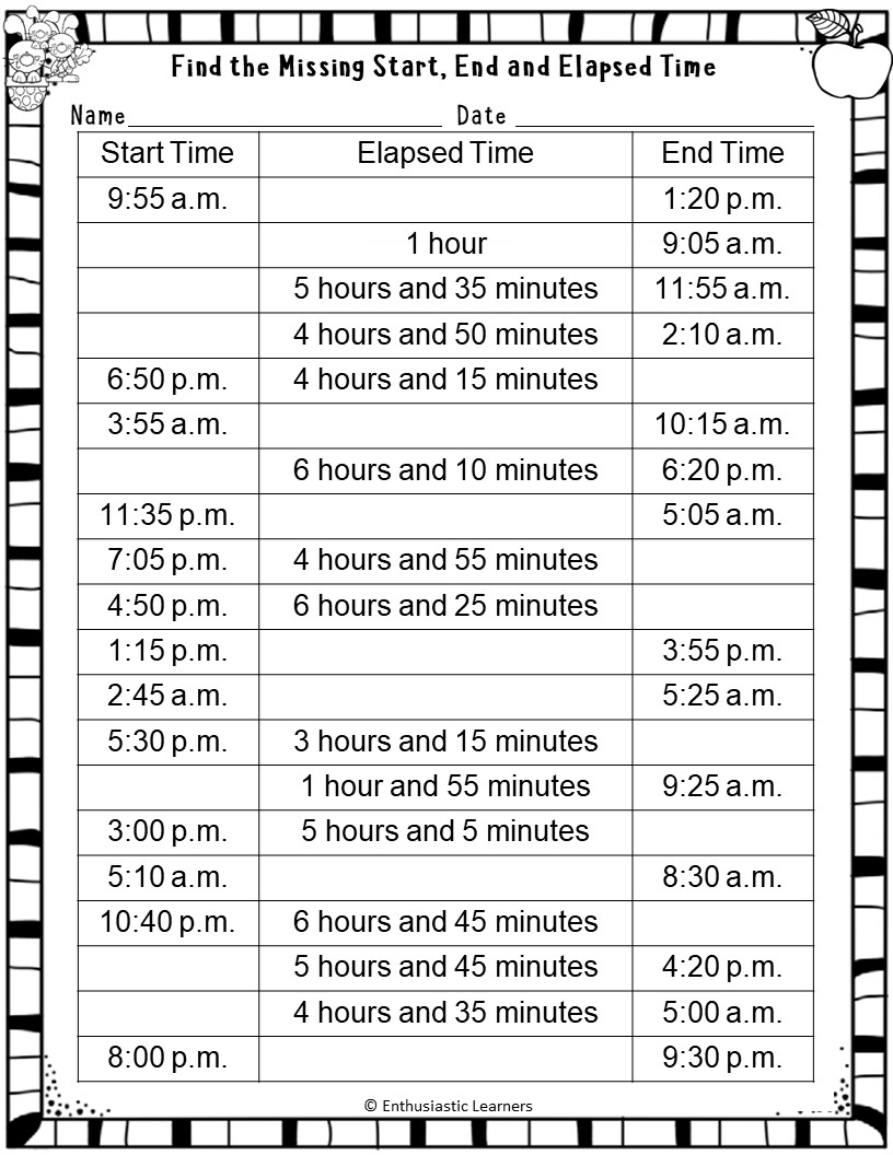 Find the Start, End & Elapsed Time Worksheets (5-Minute & Multiple Hour ...