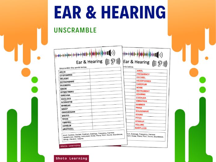 EAR AND HEARING SCIENCE ACTIVITY SCRAMBLE WORDS UNSCRAMBLE VOCABULARY ...