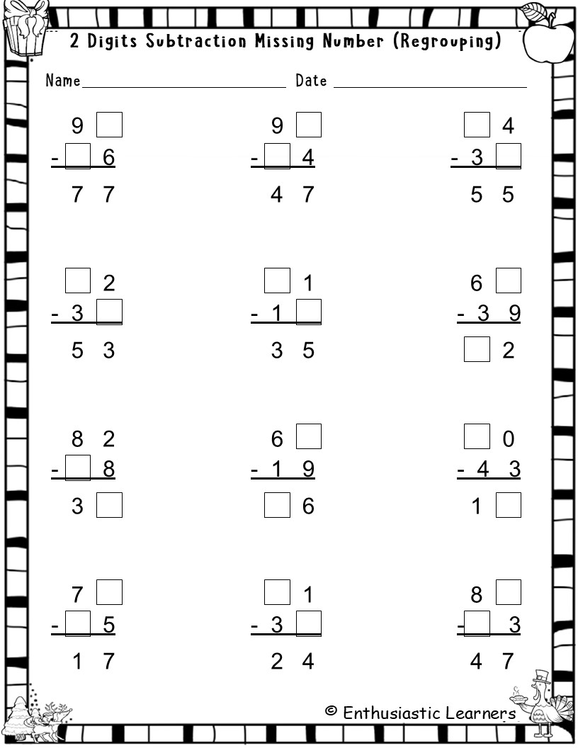 2-Digit Subtraction with Borrowing Missing Numbers Worksheets Missing ...