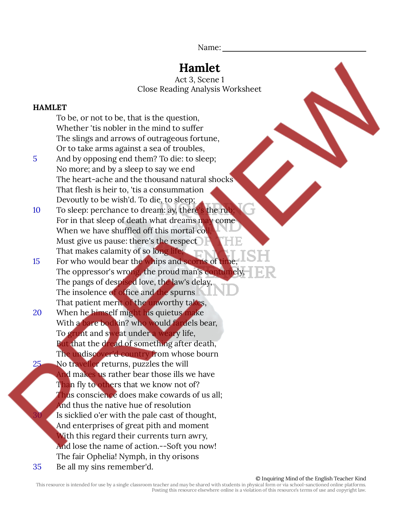 Hamlet Act 3 Scene 1 Close Reading Worksheet | Teaching Resources