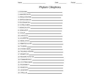 Ciliophorans Word Scramble for Invertebrate Biology | Teaching Resources