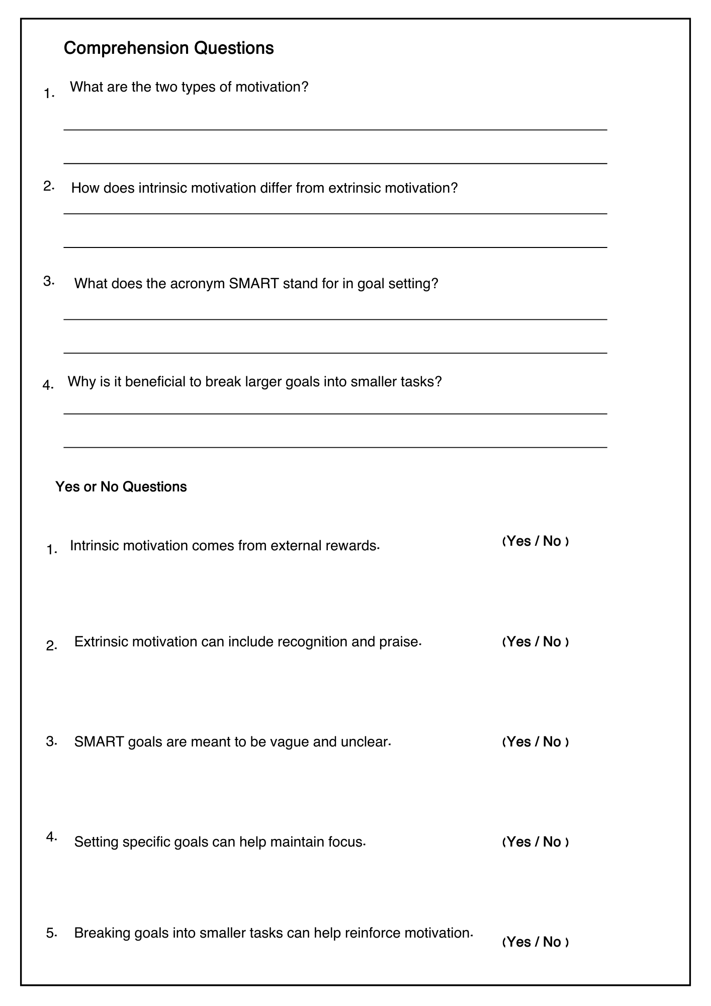 Motivation and Goal Setting Reading Comprehension Passages & Questions ...