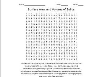 Surface Area and the Volume of Solids in Geometry Vocabulary Word ...