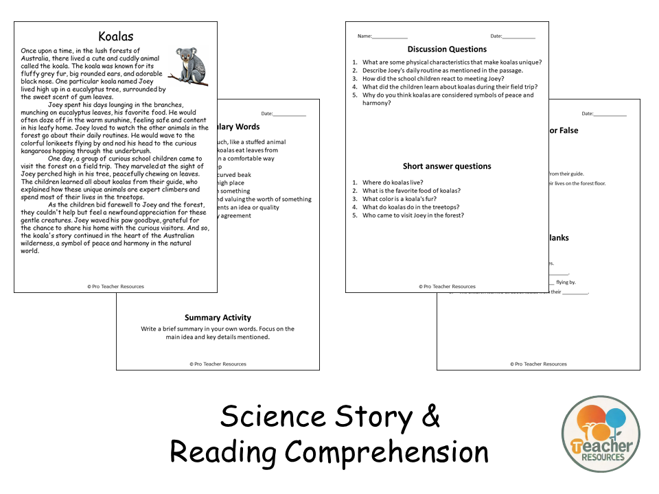 Koalas Reading Science Story Comprehension Questions Worksheet ...