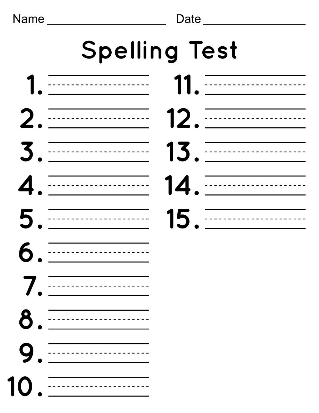 Spelling Test Template - 15 Word Format with Handwriting Lines (2 ...