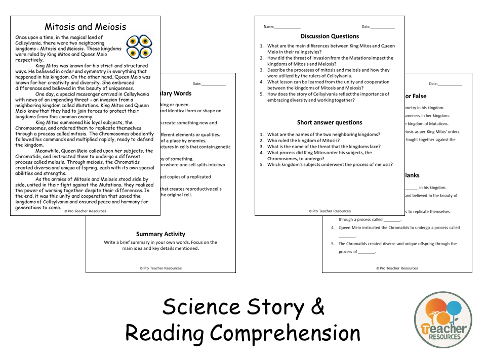 Mitosis and Meiosis Reading Science Story Comprehension Questions ...
