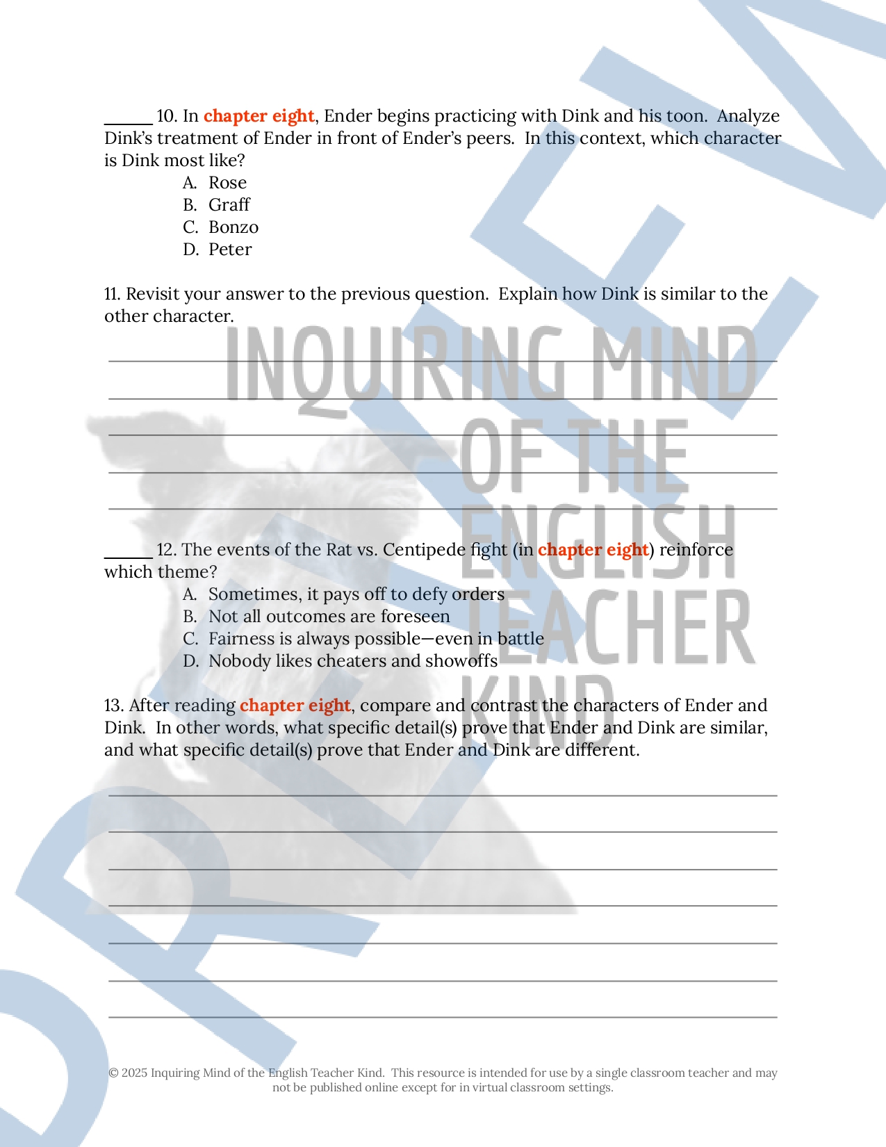 Ender's Game Chapters 7 and 8 Close Reading Analysis Worksheet ...