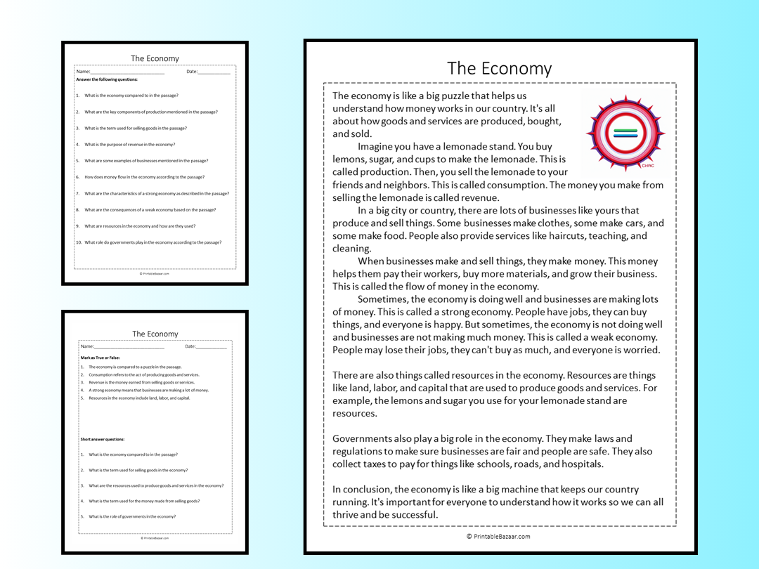 The Economy Reading Comprehension Passage Printable Worksheet ...