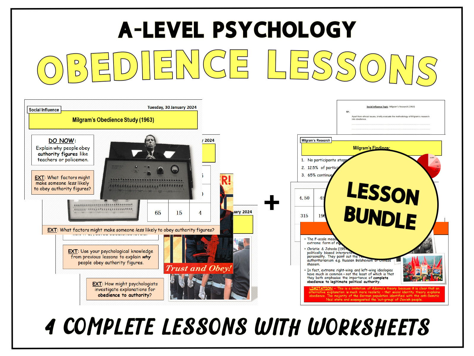 OBEDIENCE LESSON BUNDLE [A-Level Psychology - Social Influence Topic ...