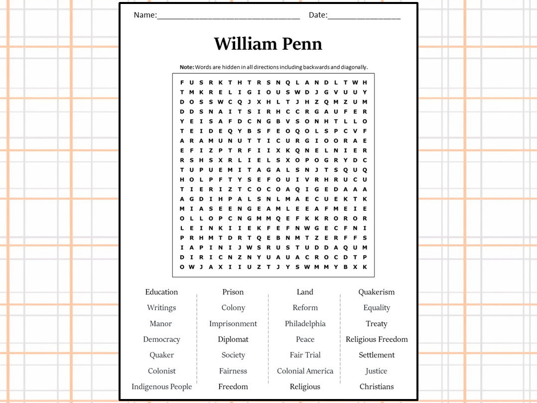 William Penn Word Search Puzzle Worksheet Activity | Teaching Resources