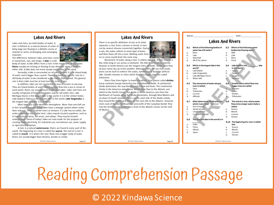 Lakes And Rivers Reading Comprehension Passage and Questions - PDF ...