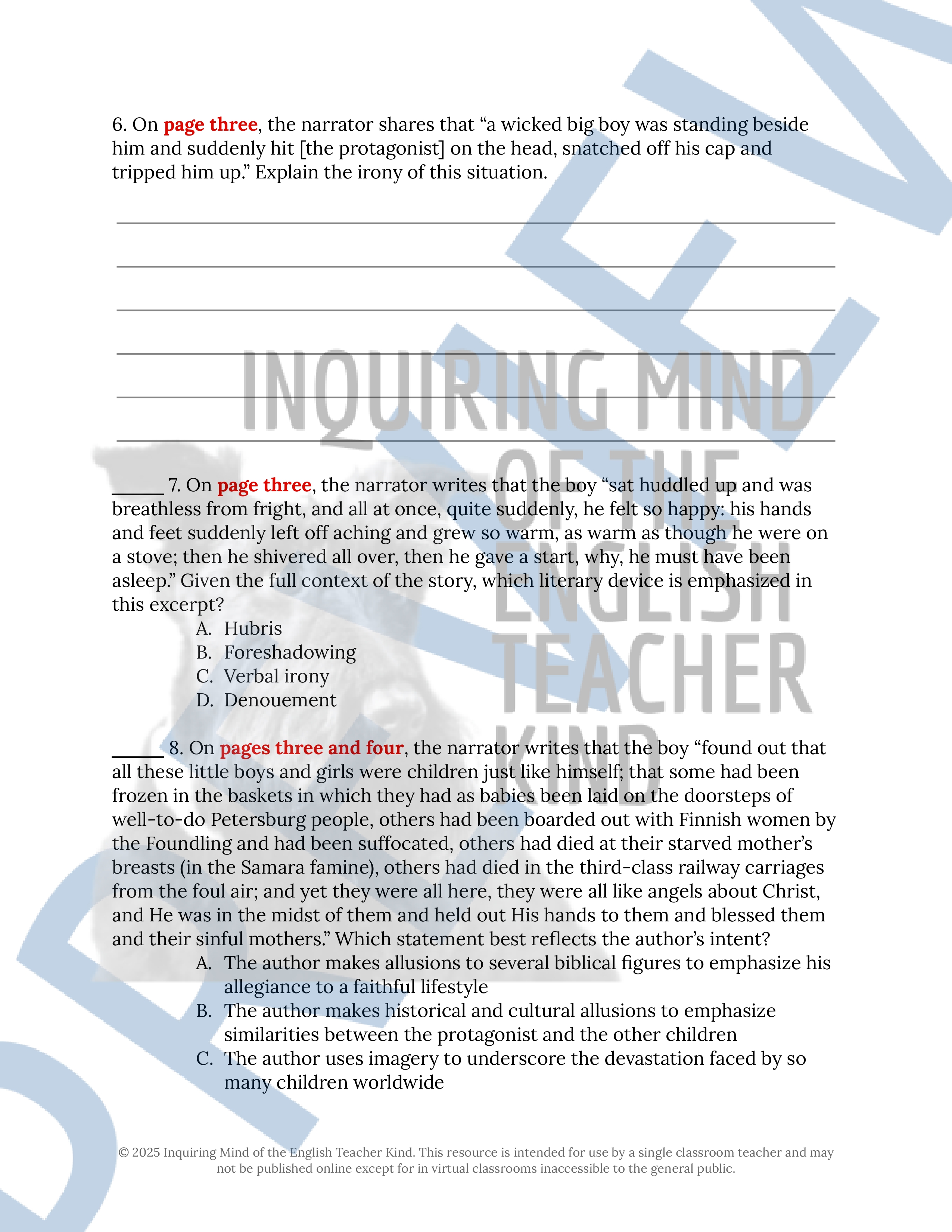 "The Heavenly Christmas Tree" by Dostoevsky Literary Analysis Worksheet ...